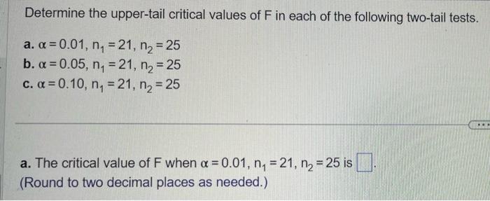 Solved Determine the upper-tail critical values of F in each | Chegg.com