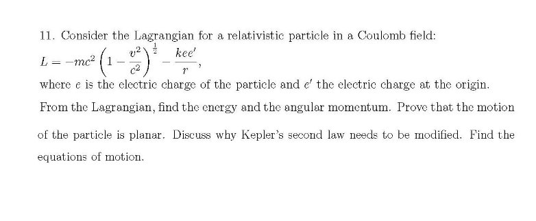 Consider the Lagrangian for a relativistic particle | Chegg.com