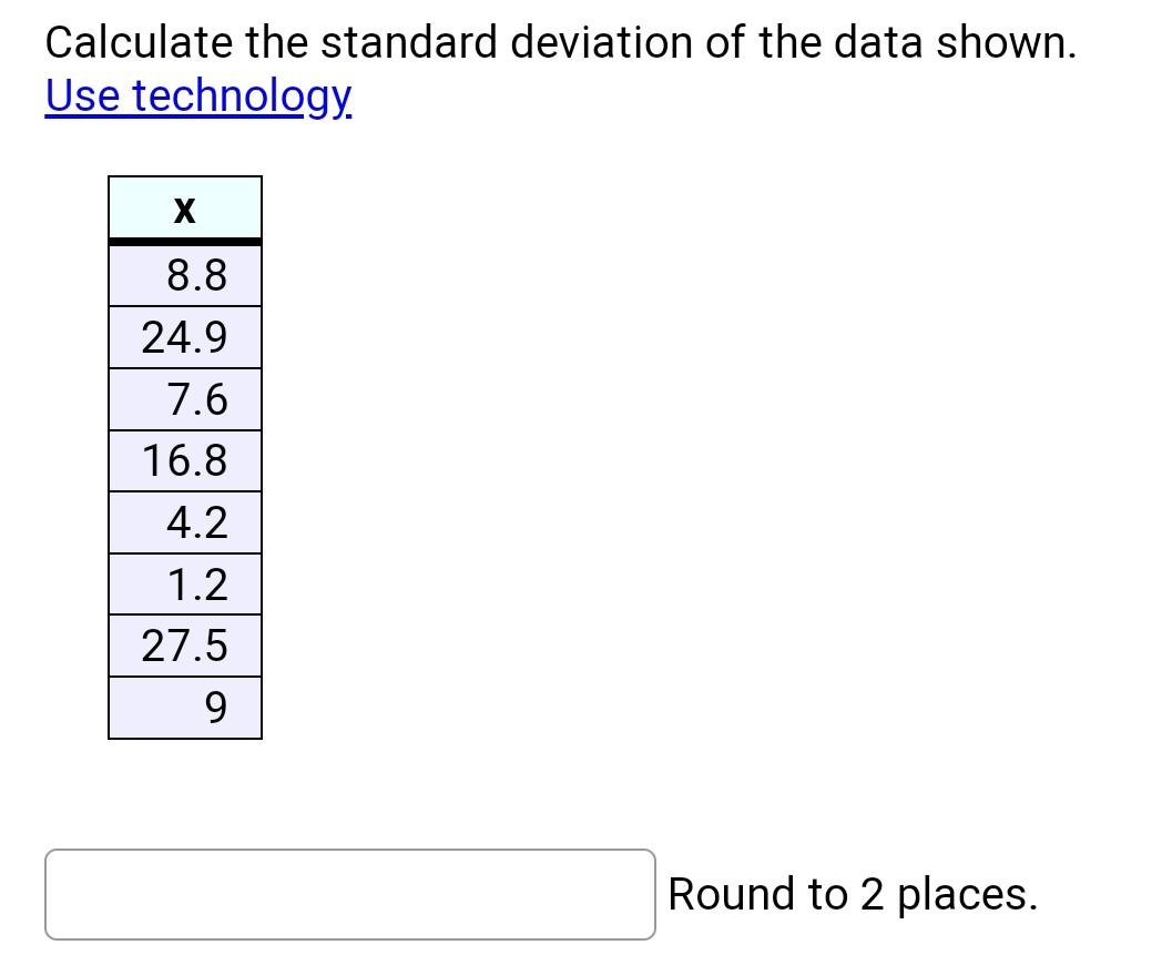 Solved Calculate the standard deviation of the data shown. | Chegg.com