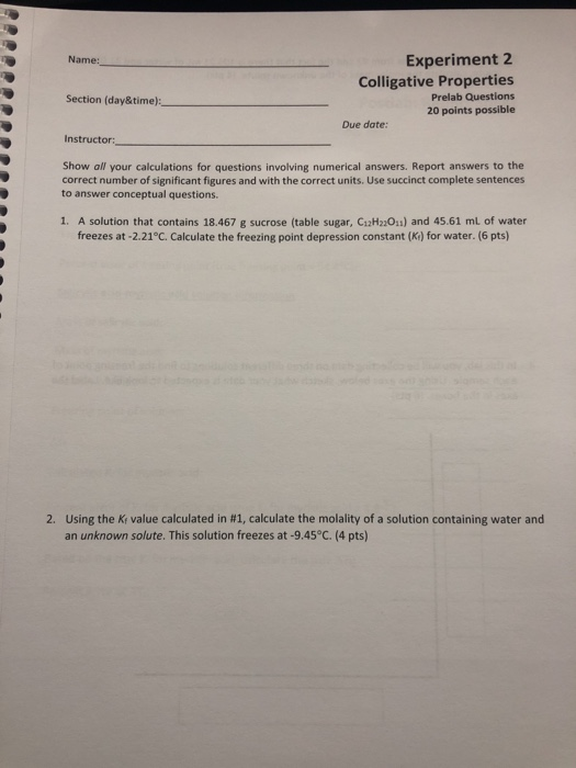 Solved PARAP Name: Experiment 2 Colligative Properties | Chegg.com