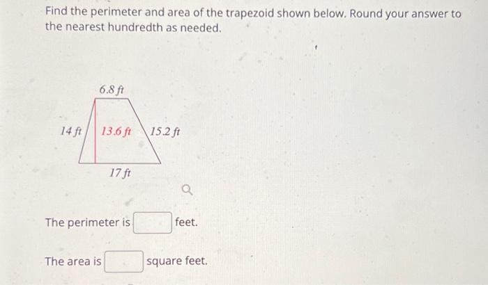Solved Find the perimeter and area of the trapezoid shown | Chegg.com