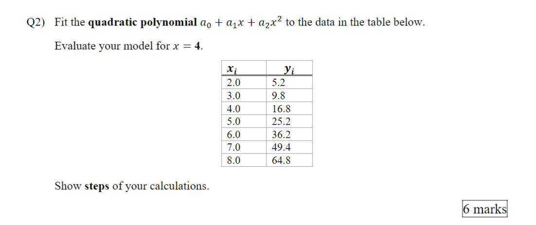 Solved Q2 ﻿fit The Quadratic Polynomial A0 A1x A2x2 ﻿to The