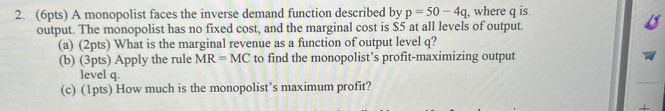 Solved (6pts) ﻿A monopolist faces the inverse demand | Chegg.com