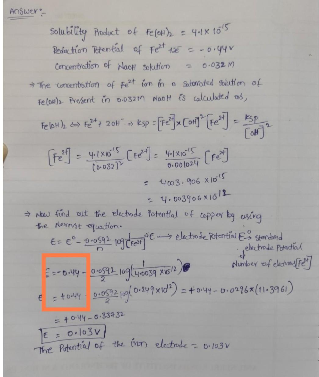Solved Solubility Rroduct of Fe(OH)2=4.1×10−15 Reduction | Chegg.com