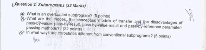 Solved Question 2: Subprograms (32 Marks) What is an | Chegg.com