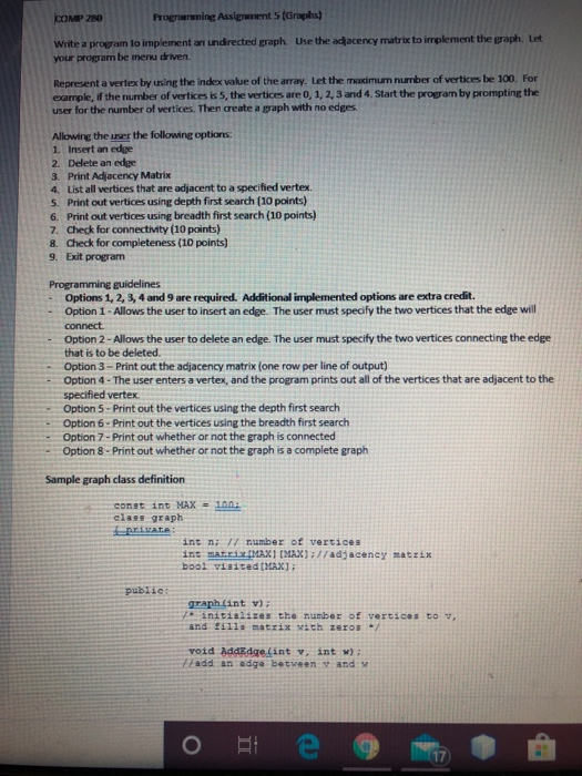Solved COMP 280 Programing Assignment 5 (Graphus) Write a | Chegg.com
