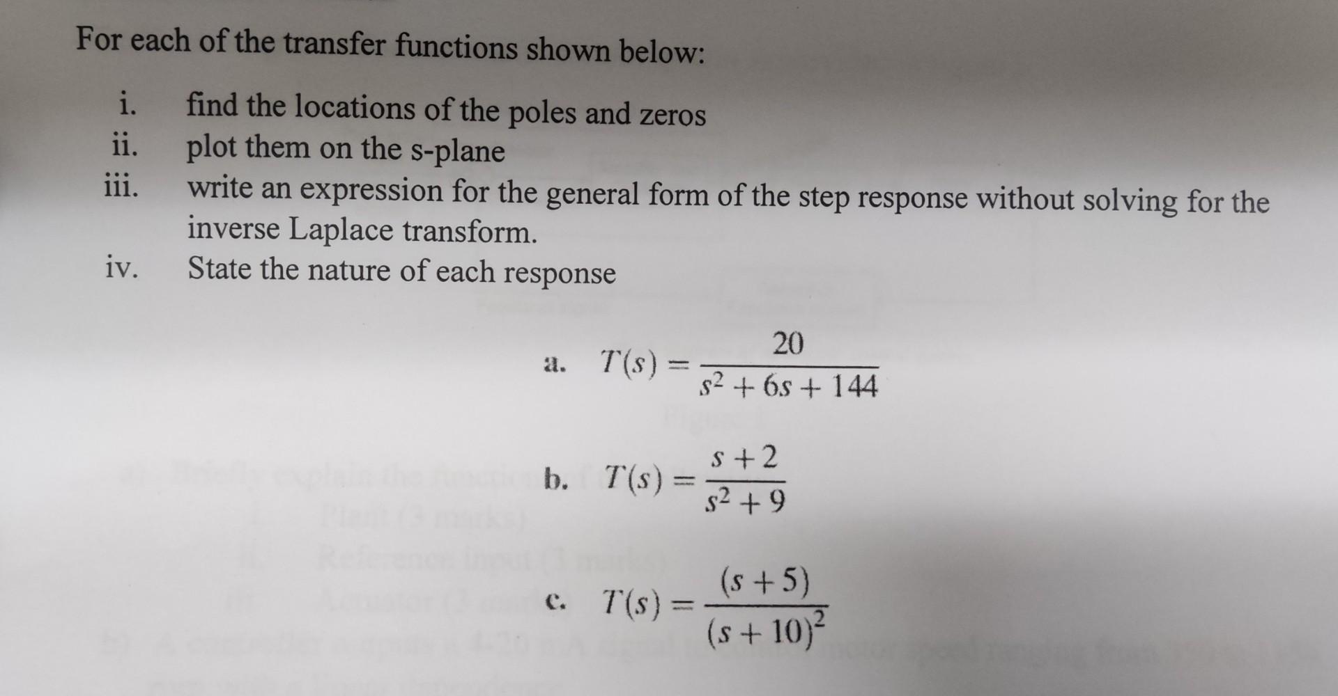 Solved For Each Of The Transfer Functions Shown Below I