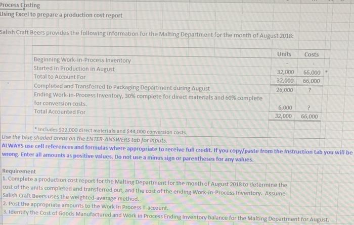 Solved Process Costing Using Excel to prepare a production | Chegg.com