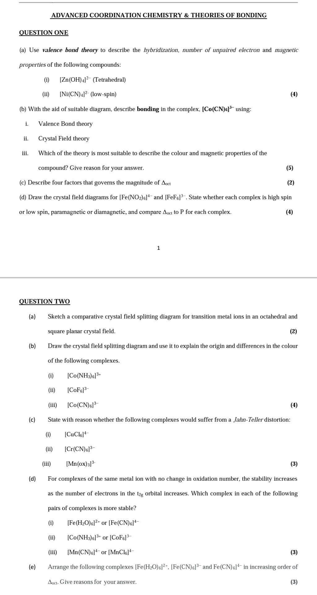 Solved QUESTION ONE (a) Use valence bond theory to describe | Chegg.com