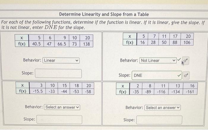 Solved Determine Linearity and Slope from a Table For each | Chegg.com