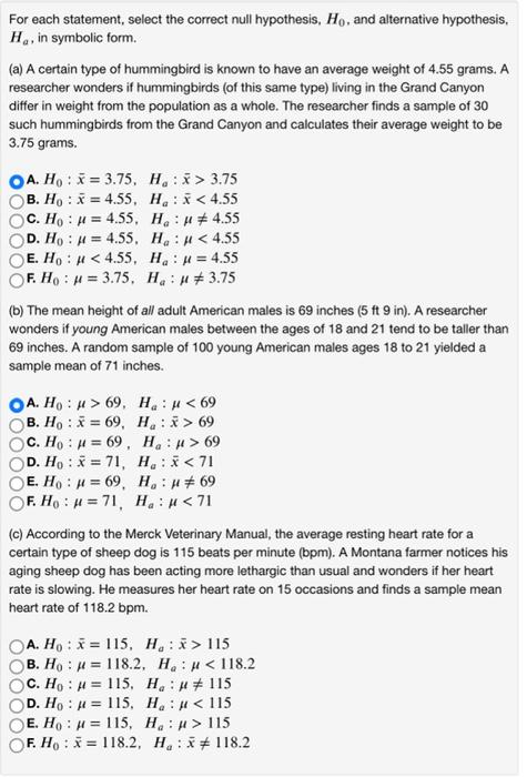 Solved For each statement, select the correct null | Chegg.com