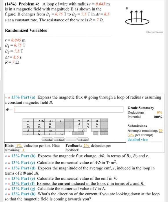 Solved (14%) Problem 4: A loop of wire with radius r= 0.045 | Chegg.com
