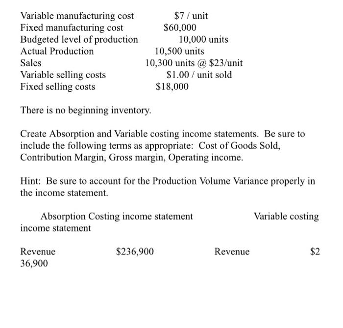 Solved Variable manufacturing cost Fixed manufacturing cost | Chegg.com