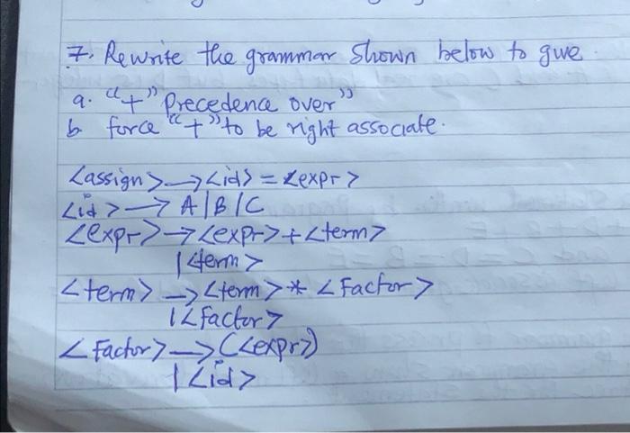 Solved a >3 7. Rewrite the grammar Shown below to give . " | Chegg.com