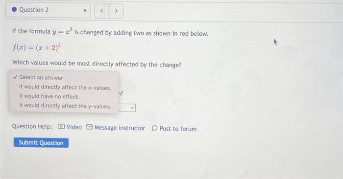 Solved If the formula y=x3 is changed by adding two as shown | Chegg.com