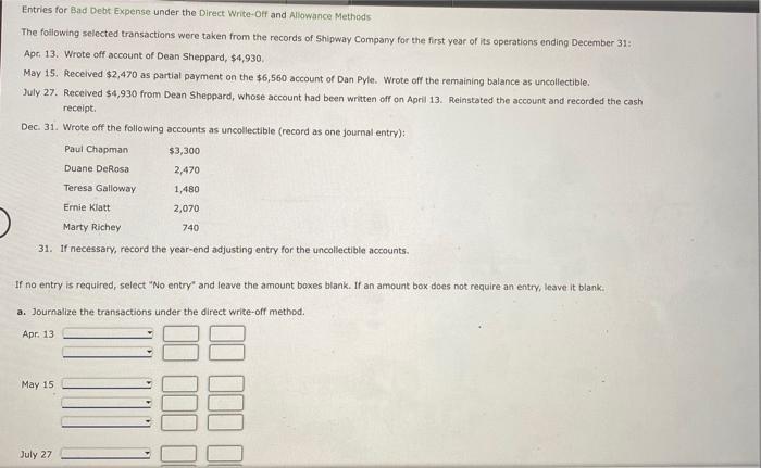 Solved Entries for Bad Debt Expense under the Direct | Chegg.com