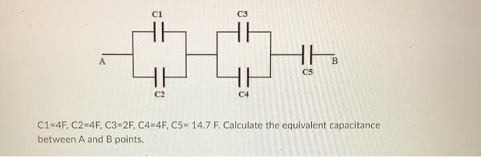 Solved A C2 C4 HH C5 C1=4F, C2=4F, C3=2F, C4-4F, C5= 14.7 F. | Chegg.com