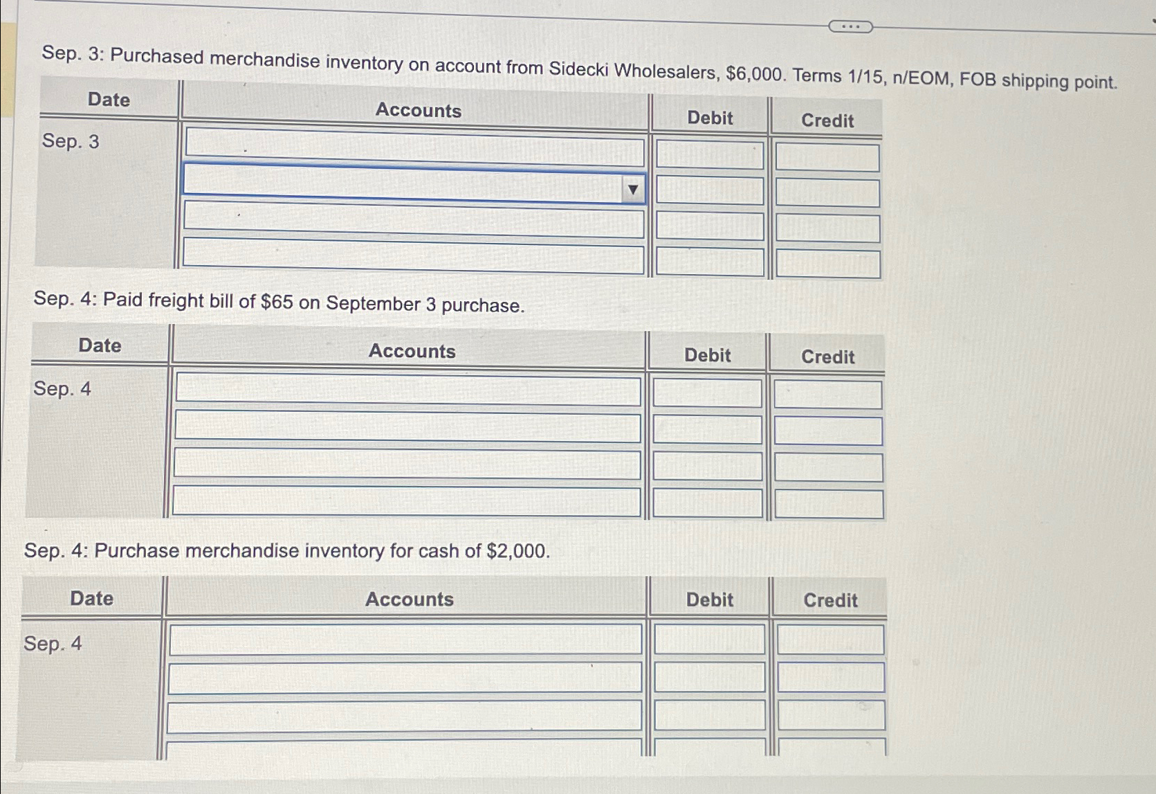 Solved Sep. 3: Purchased merchandise inventory on account | Chegg.com