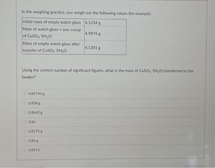 Solved In the weighing practice, you weigh out the following | Chegg.com