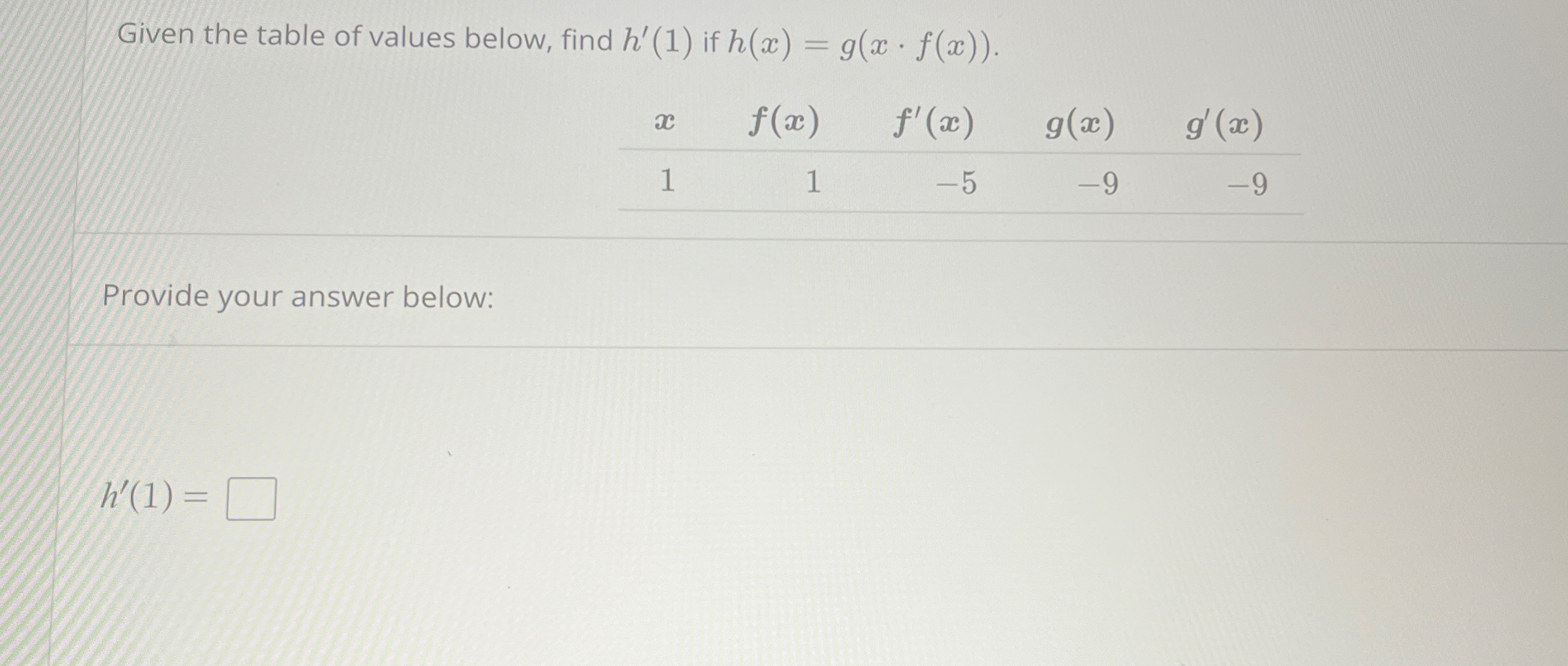 Solved Given the table of values below, find h'(1) ﻿if | Chegg.com