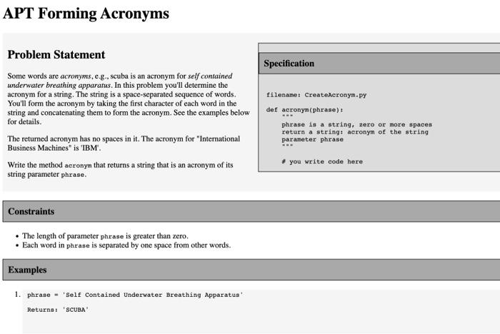 Solved APT Forming Acronyms Constraints - The length of | Chegg.com