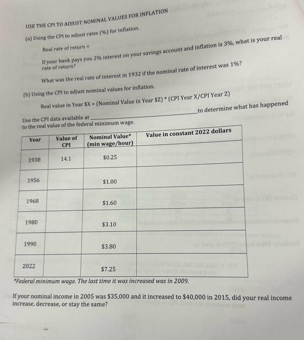 USE THE CPI TO ADJUST NOMINAL VALUES FOR INFLATION | Chegg.com