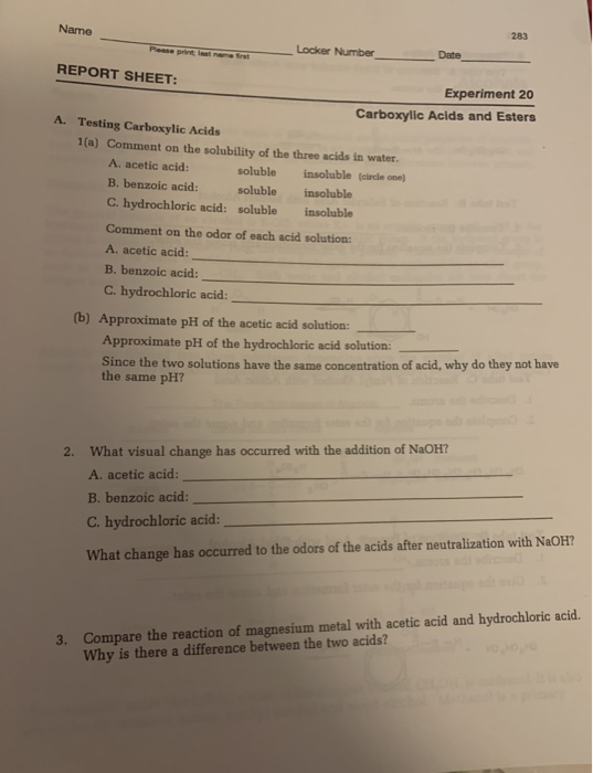 Solved Name 283 Locker Number Date REPORT SHEET: Experiment | Chegg.com