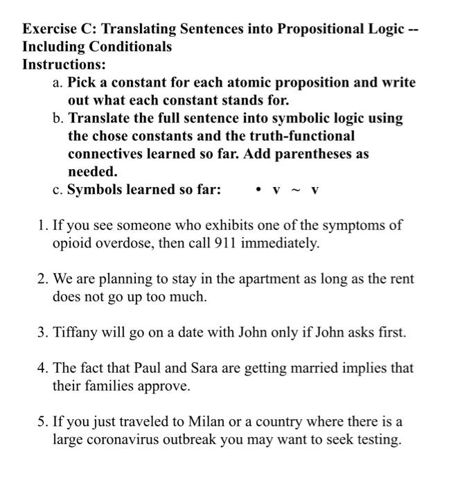 Solved Exercise C: Translating Sentences into Propositional | Chegg.com