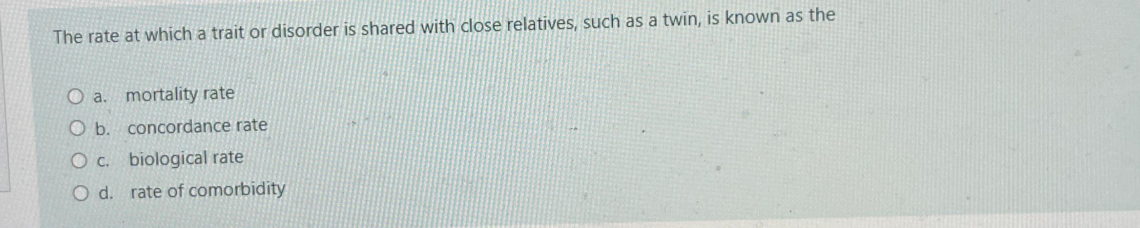 Solved The rate at which a trait or disorder is shared with | Chegg.com