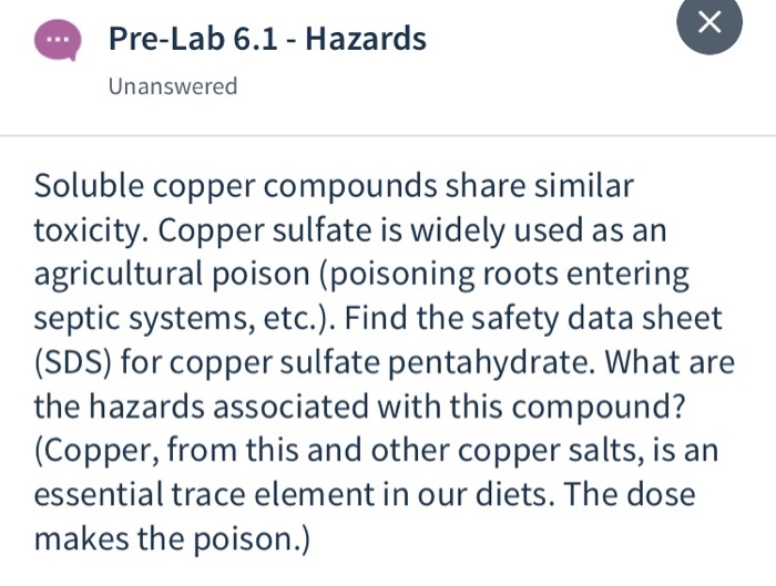 Solved Х Pre-Lab 6.1 - Hazards Unanswered Soluble copper | Chegg.com