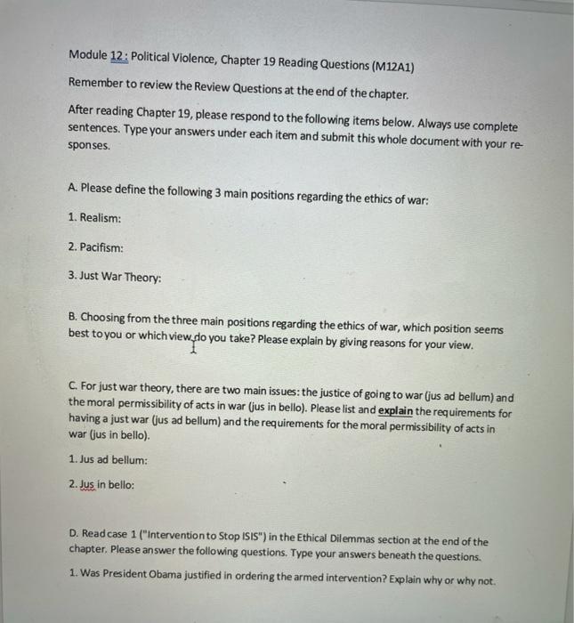 Module 12: Political Violence, Chapter 19 Reading | Chegg.com