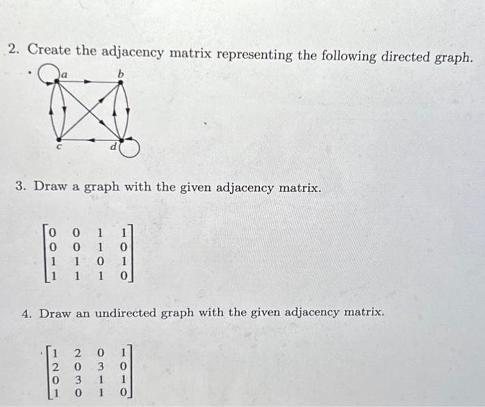 Solved 1. Create the adjacency matrix representing the | Chegg.com