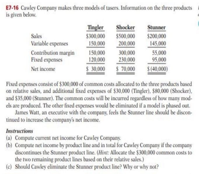 Solved E7-16 Cawley Company makes three models of tasers. | Chegg.com