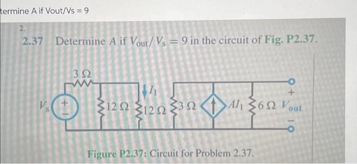 Solved A if Vout /Vs=9 2.37 Determine A if Vout /Vs=9 in the | Chegg.com