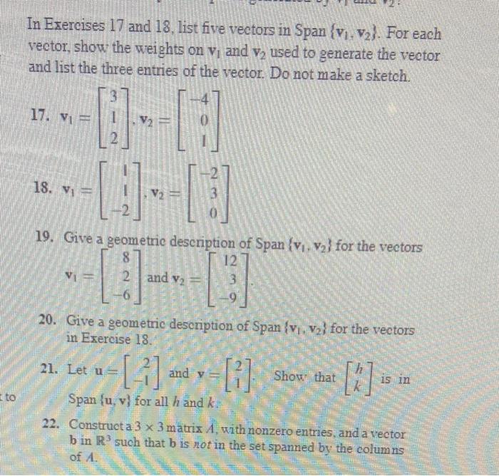 Solved 19. Give a geometric description of Span {V1, V2} for | Chegg.com