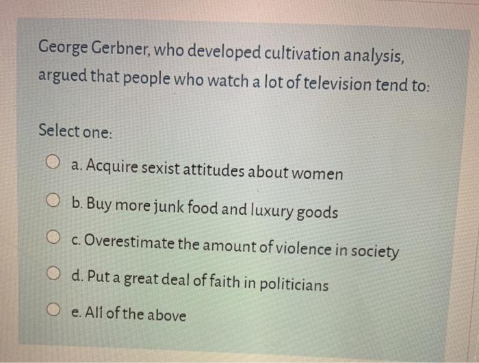 Solved George Gerbner, who developed cultivation analysis, | Chegg.com