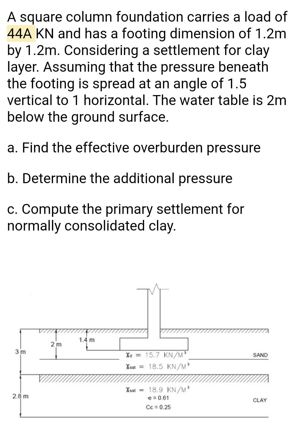 Solved A square column foundation carries a load of 44A KN | Chegg.com