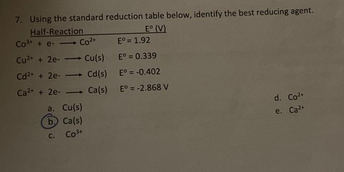 Solved 7. Using the standard reduction table below, identify | Chegg.com