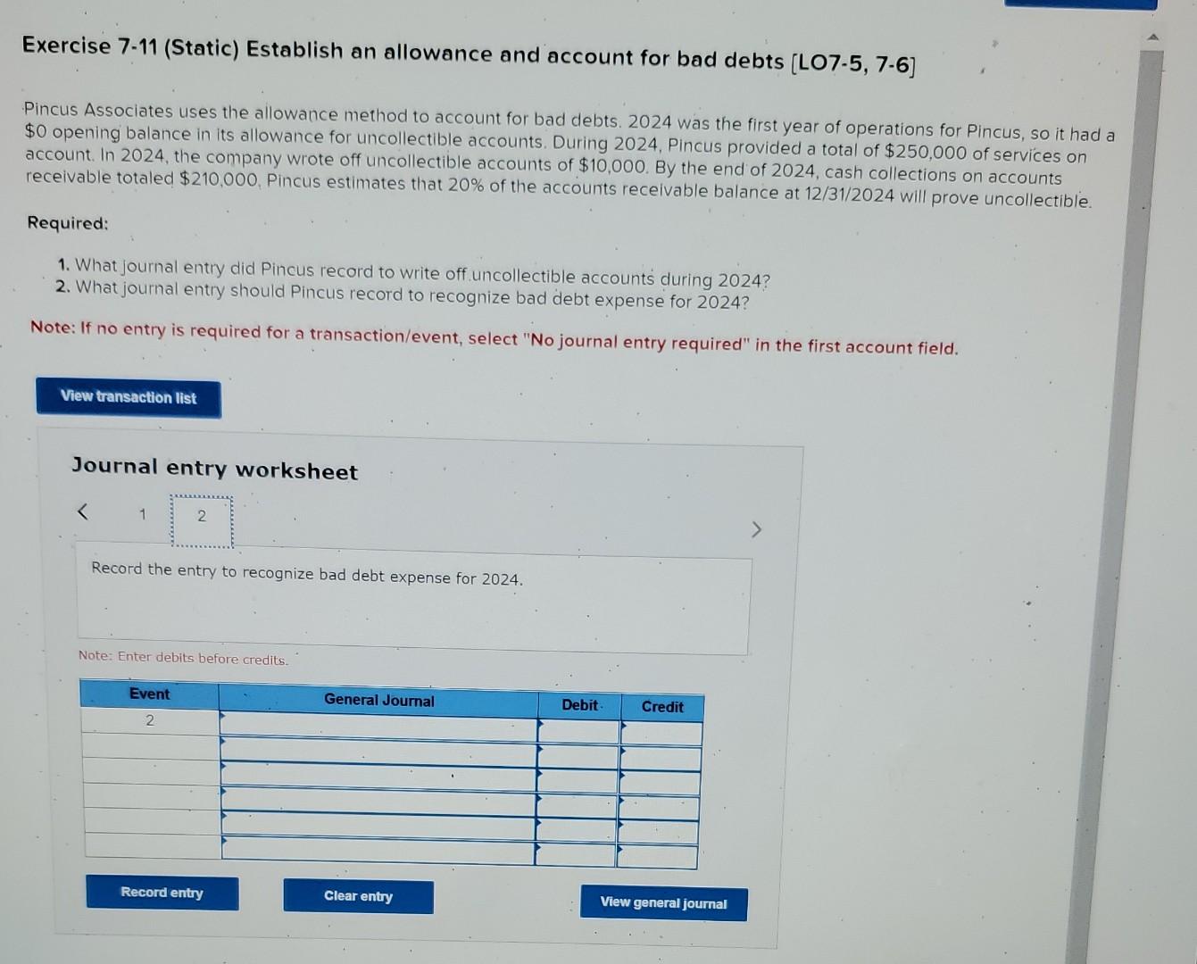 Solved Exercise 7-11 (Static) Establish an allowance and | Chegg.com