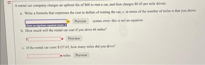Solved A rental car company charges an upfront fee of $60 to | Chegg.com