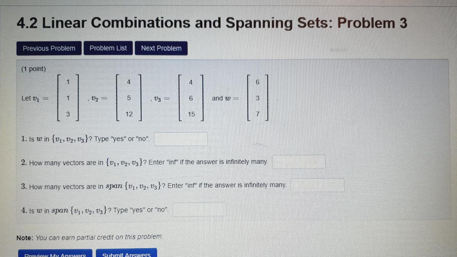 Solved 4.2 Linear Combinations and Spanning Sets: Problem 1 | Chegg.com