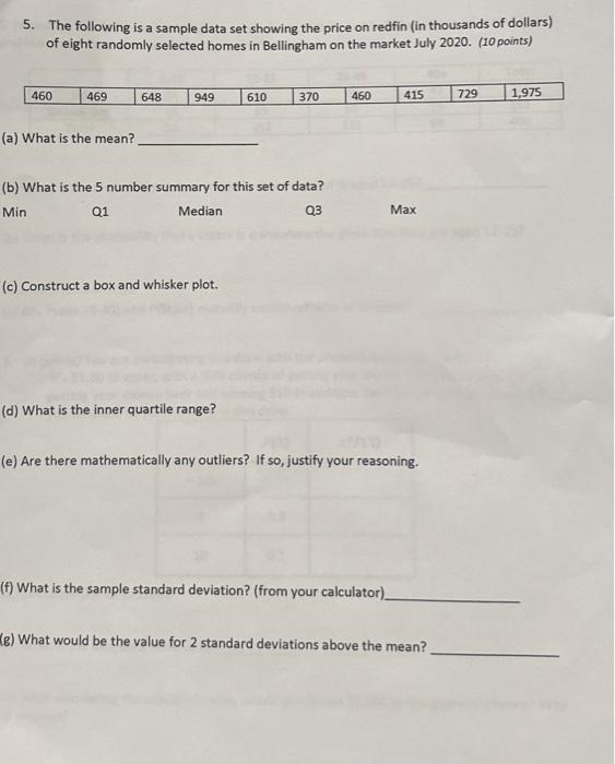 Solved 5. The following is a sample data set showing the | Chegg.com