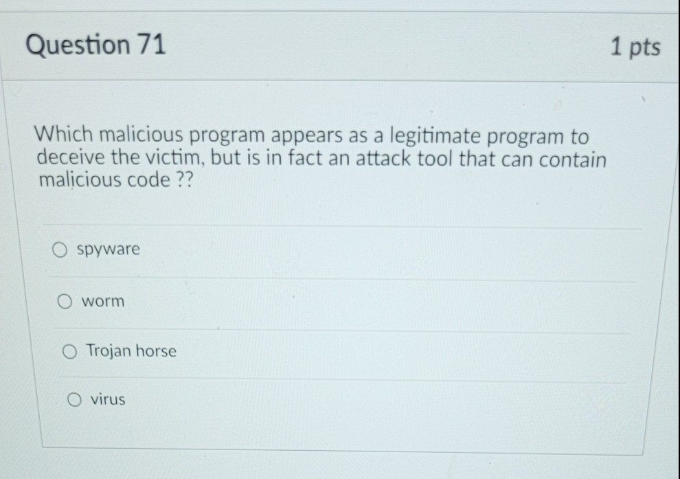 Solved Question 71Which malicious program appears as a | Chegg.com