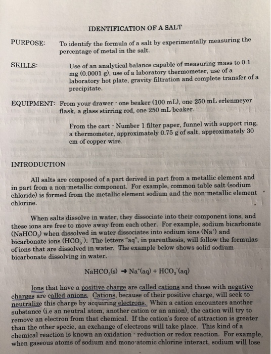 Solved PURPOSE: IDENTIFICATION OF A SALT To identify the | Chegg.com