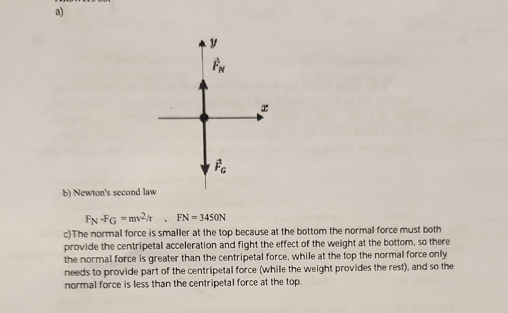 b) Newton's second FN−FG=mv2/r,FN=3450 N c) The | Chegg.com