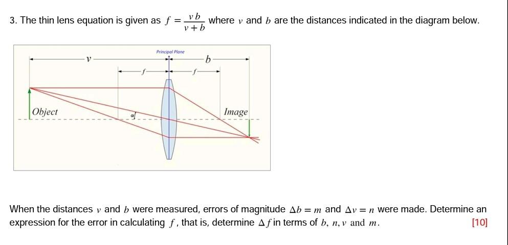 Solved 3. The thin lens equation is given as f = vb, where v | Chegg.com