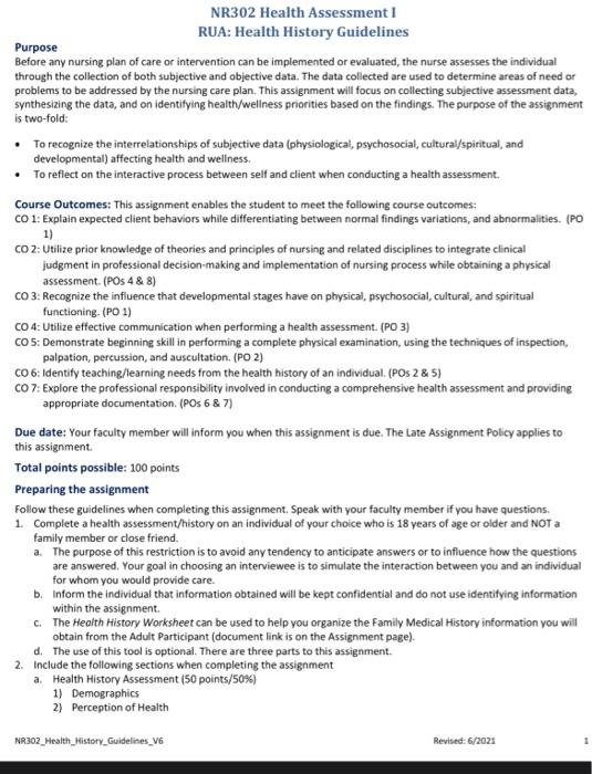 NR302 Health Assessment RUA: Health History | Chegg.com