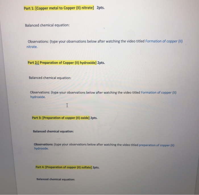 Part 1: [Copper metal to Copper (11) nitrate] 2pts. | Chegg.com