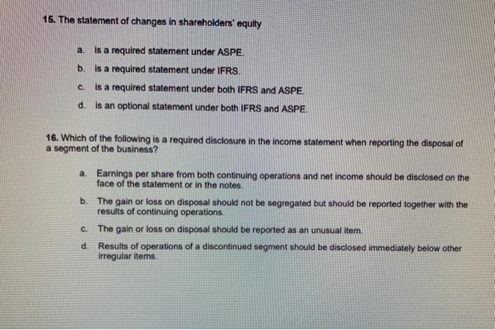 Solved 15. The statement of changes in shareholders' equity | Chegg.com