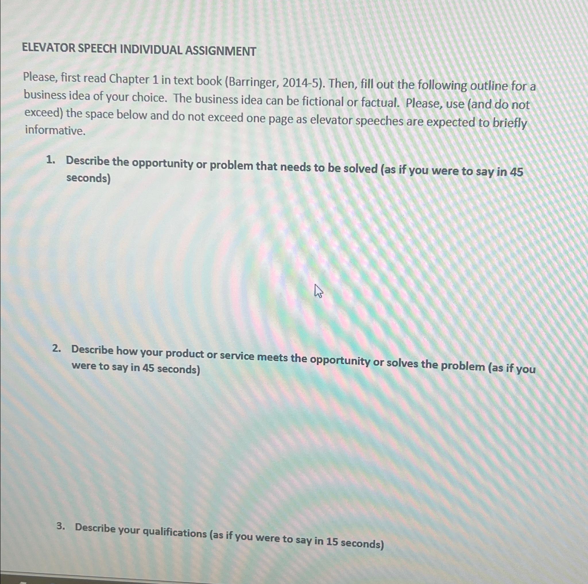 Solved ELEVATOR SPEECH INDIVIDUAL ASSIGNMENTPlease, first | Chegg.com